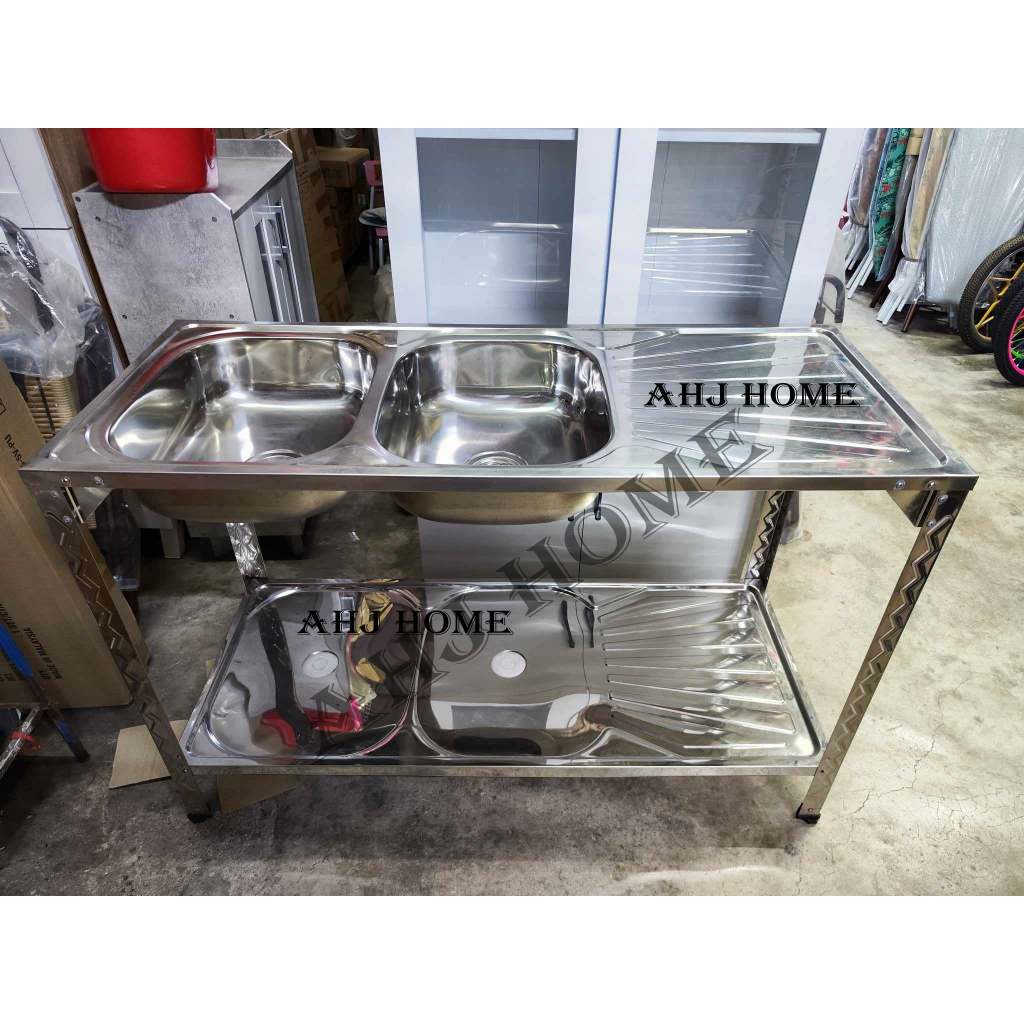 Double Bowl Sink with Stand Complete Set / Rak Sinki Stainless Steel ...