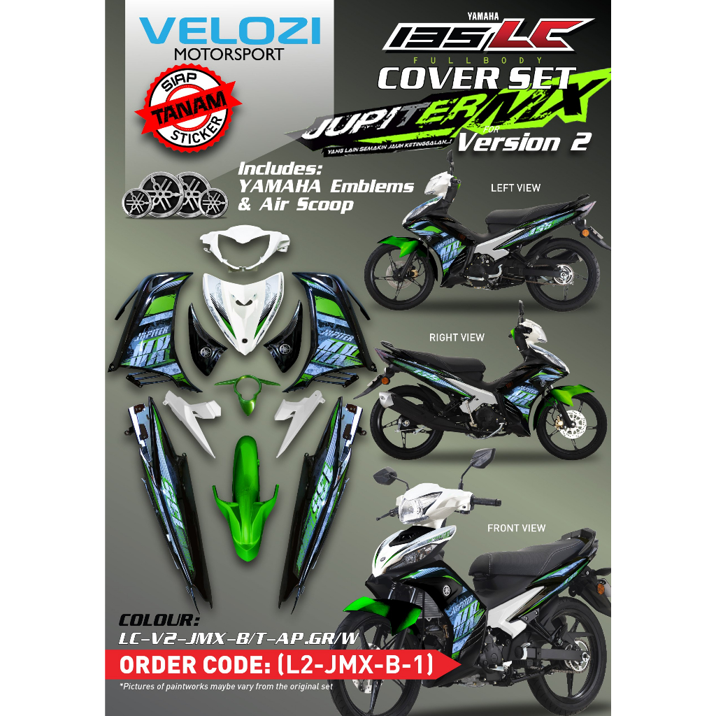 COVERSET YAMAHA LC LC135 V2 JUPITER MX APPLE GREEN WHITE L2-JMX-B-1 ...