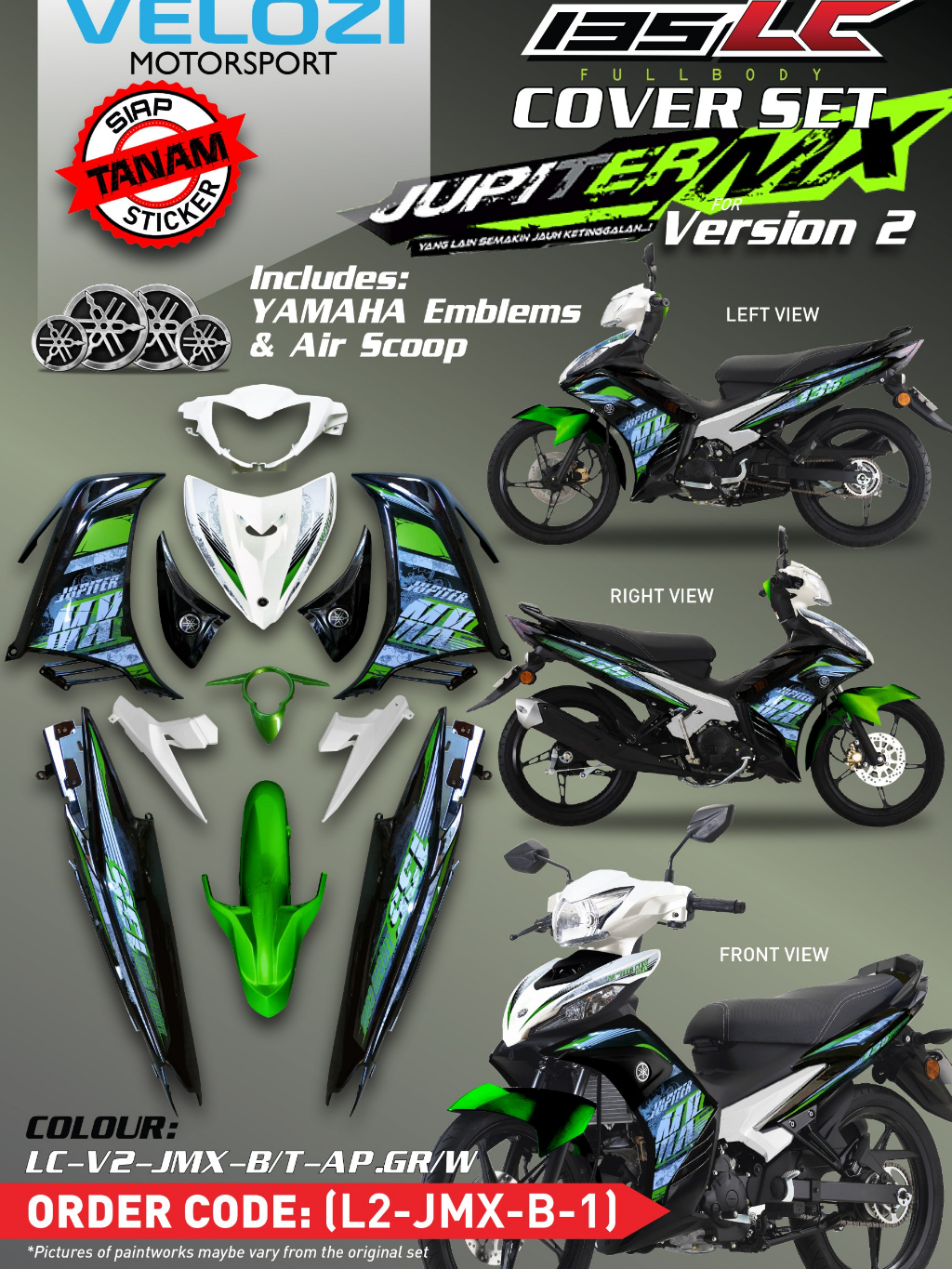 COVERSET YAMAHA LC LC135 V2 JUPITER MX APPLE GREEN WHITE L2-JMX-B-1 ...