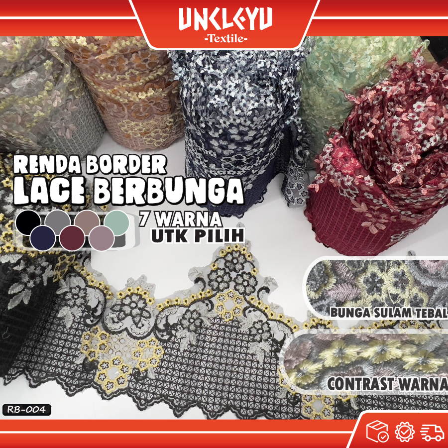 Renda Border Baju Lace / Bunga Sulam Tebal / Contrast Warna / Floral ...