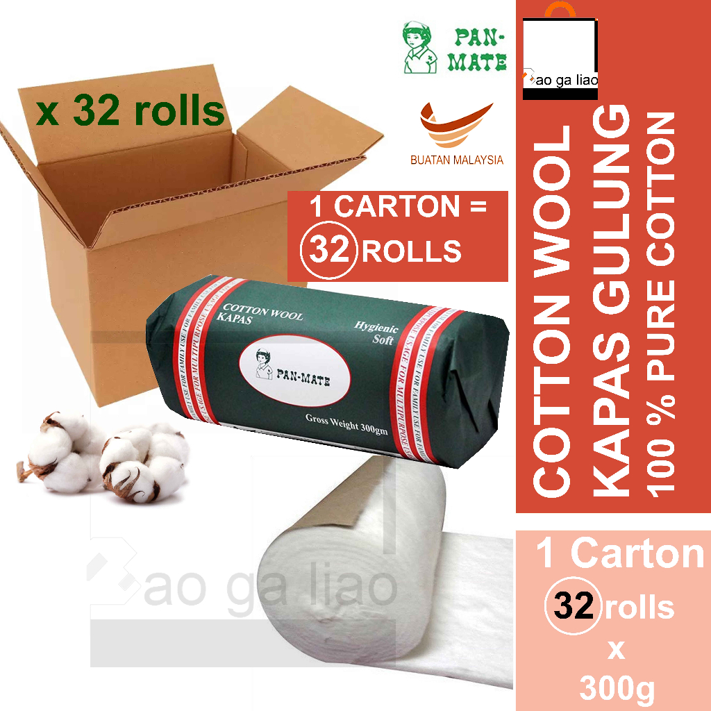 Pan-Mate 32 rolls Cotton Wool 300G Bulk Kapas Gulung 32pcs (100% Pure ...