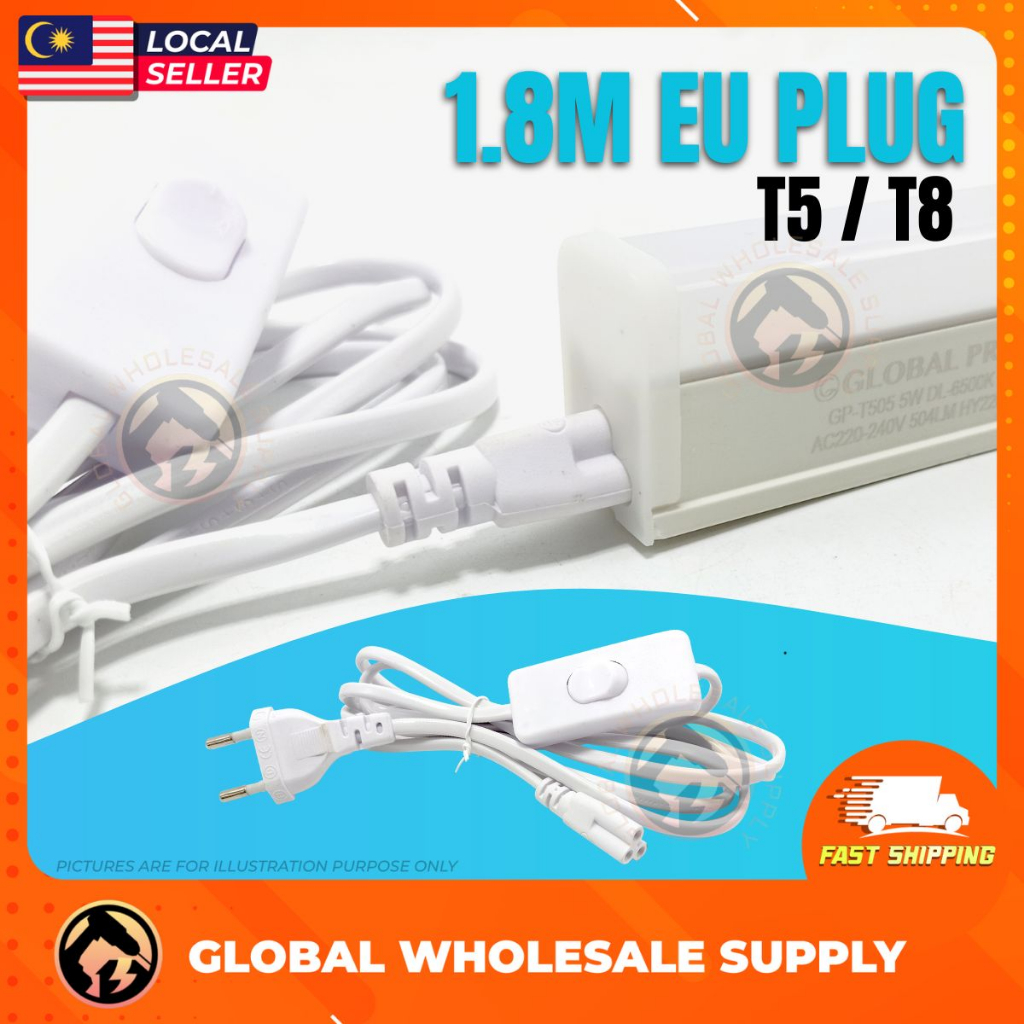 1.8M 3 Pins EU Switch Cable Wire LED T8 / T5 Connector 3 Pin Lamp ...