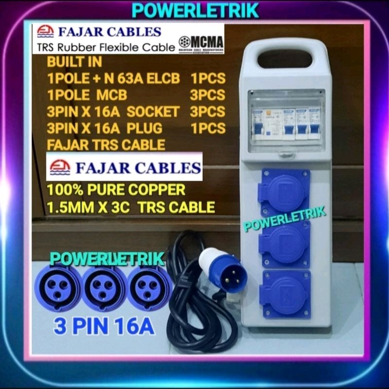 PORTABLE DISTRIBUTION BOX 3 X 16A 3WAY INDUSTRIAL PLUG & SOCKET WITH ...