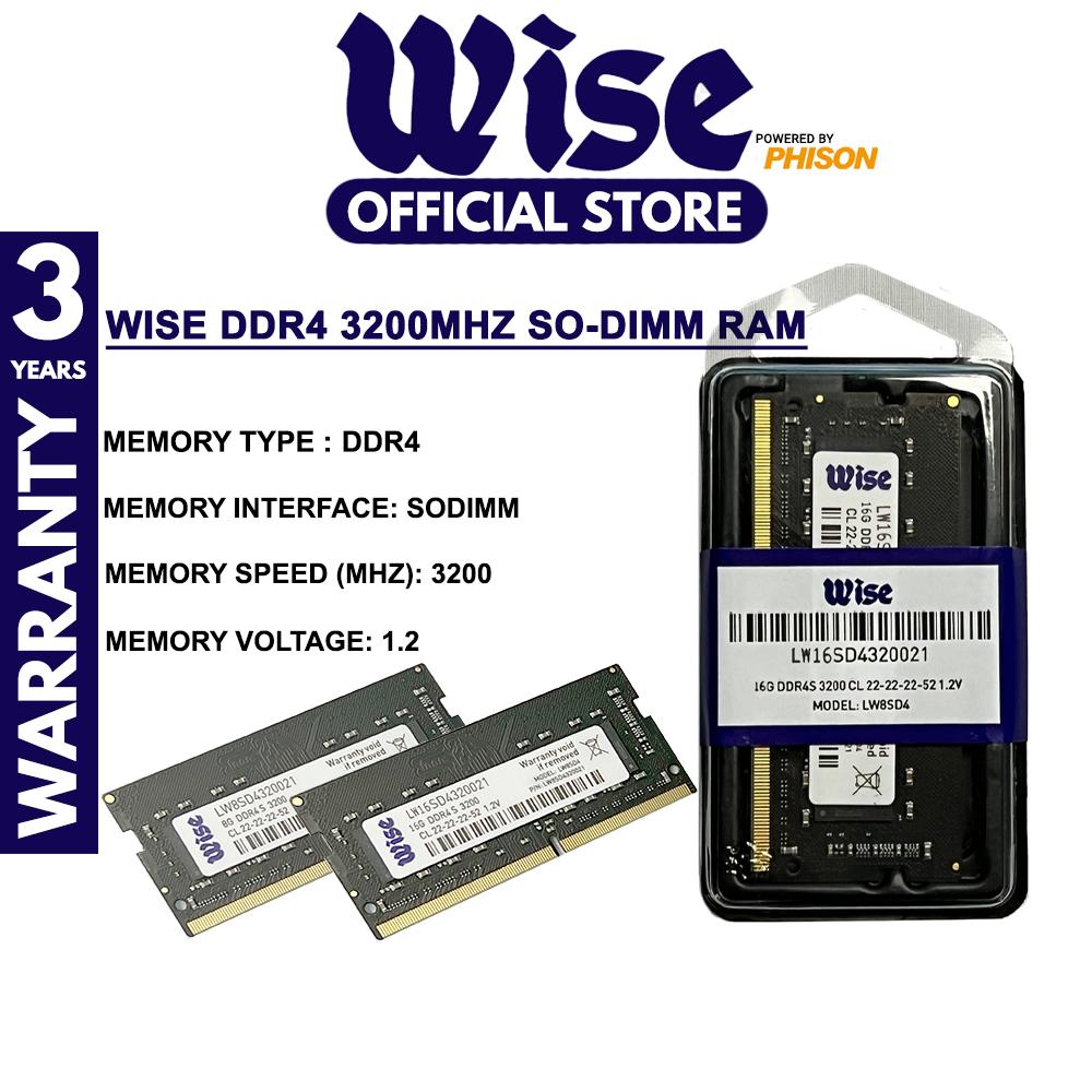 WISE RAM SODIMM 8GB/16GB DDR4 3200Mhz Notebook Laptop Memory 1.2V SO ...