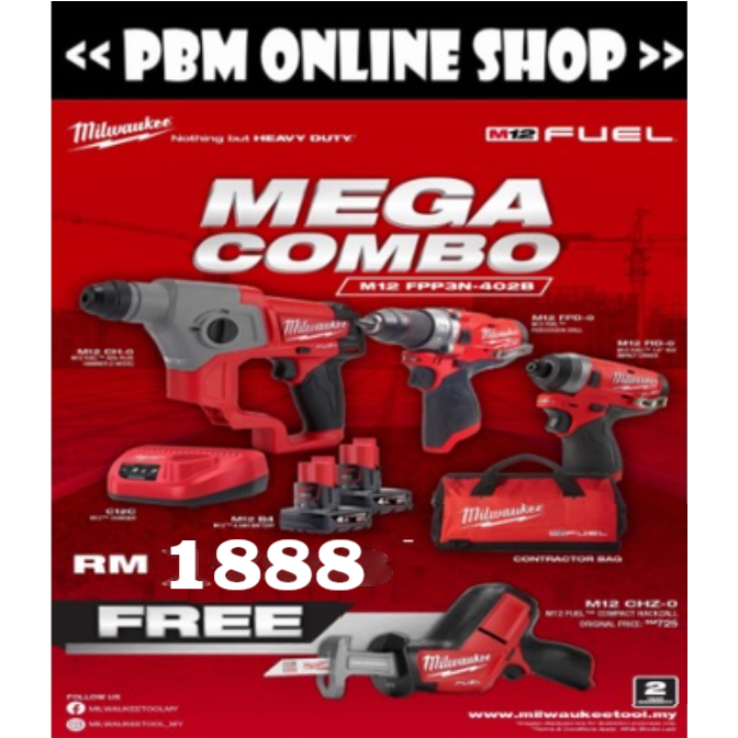Milwaukee M12 MEGA COMBO 4 IN ( M12 FPP3N-402B ) M12 CH / M12 FPD / M12 ...