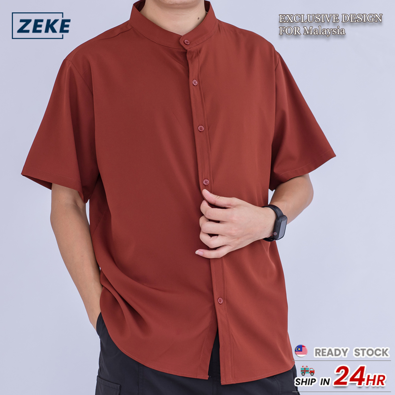 ZEKE Men's Stand Collar Shirt Short Sleeve Shirt For Men Plain Men's Kemeja Lelaki Men's Baju ...