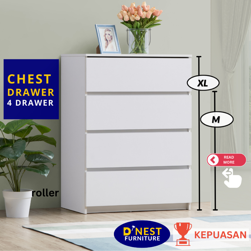 4 Drawer Chest Drawer Set | Rak Baju Putih | Almari Baju Storage Drawer ...