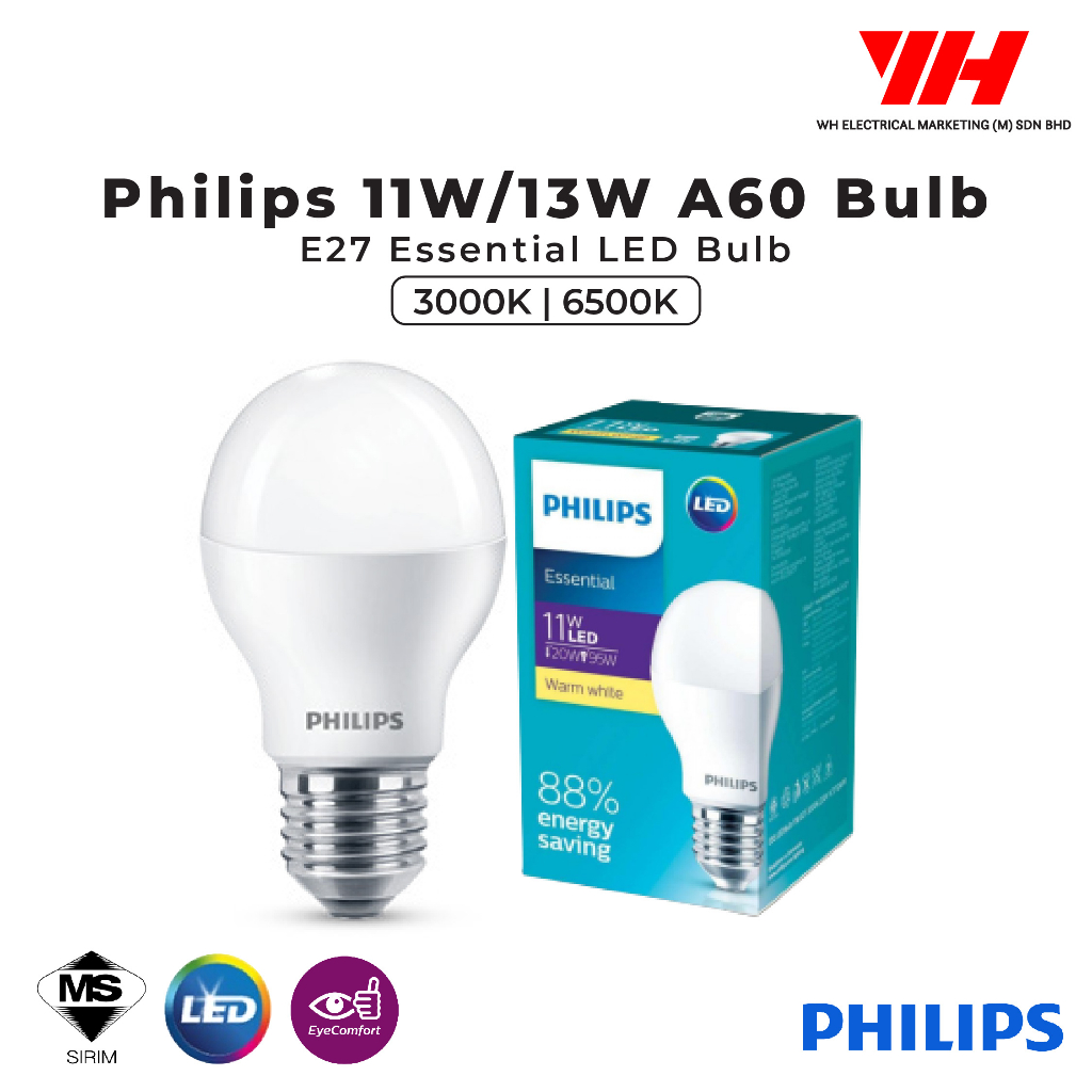 Philips 11W / 13W E27 Essential LED Bulb A60 [ 3000K / 6500K ] || Light Bulb - Mentol Lampu ...