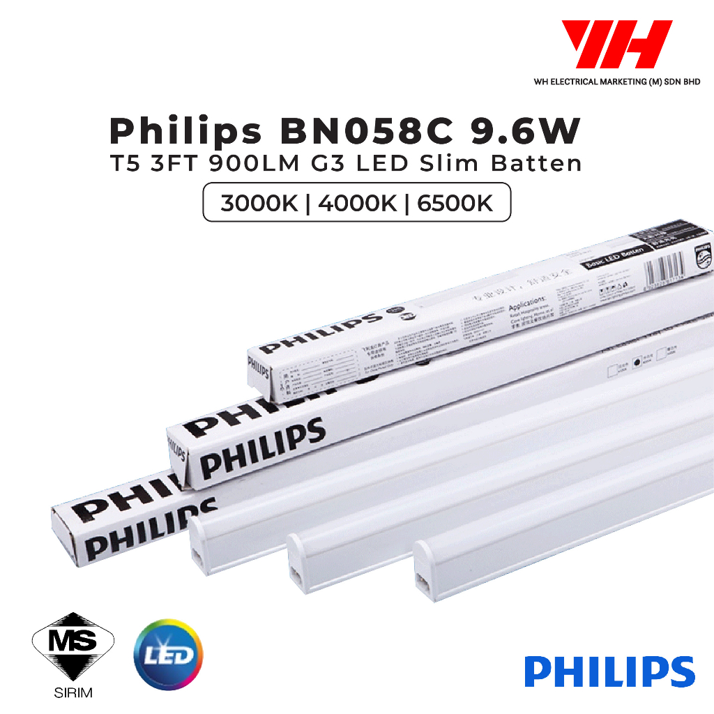 [5PCS] Philips BN058C 9.6W T5 3FT 900LM G3 LED Slim Batten (DL-6500K,CW-4000K,WW-3000K) | Shopee ...