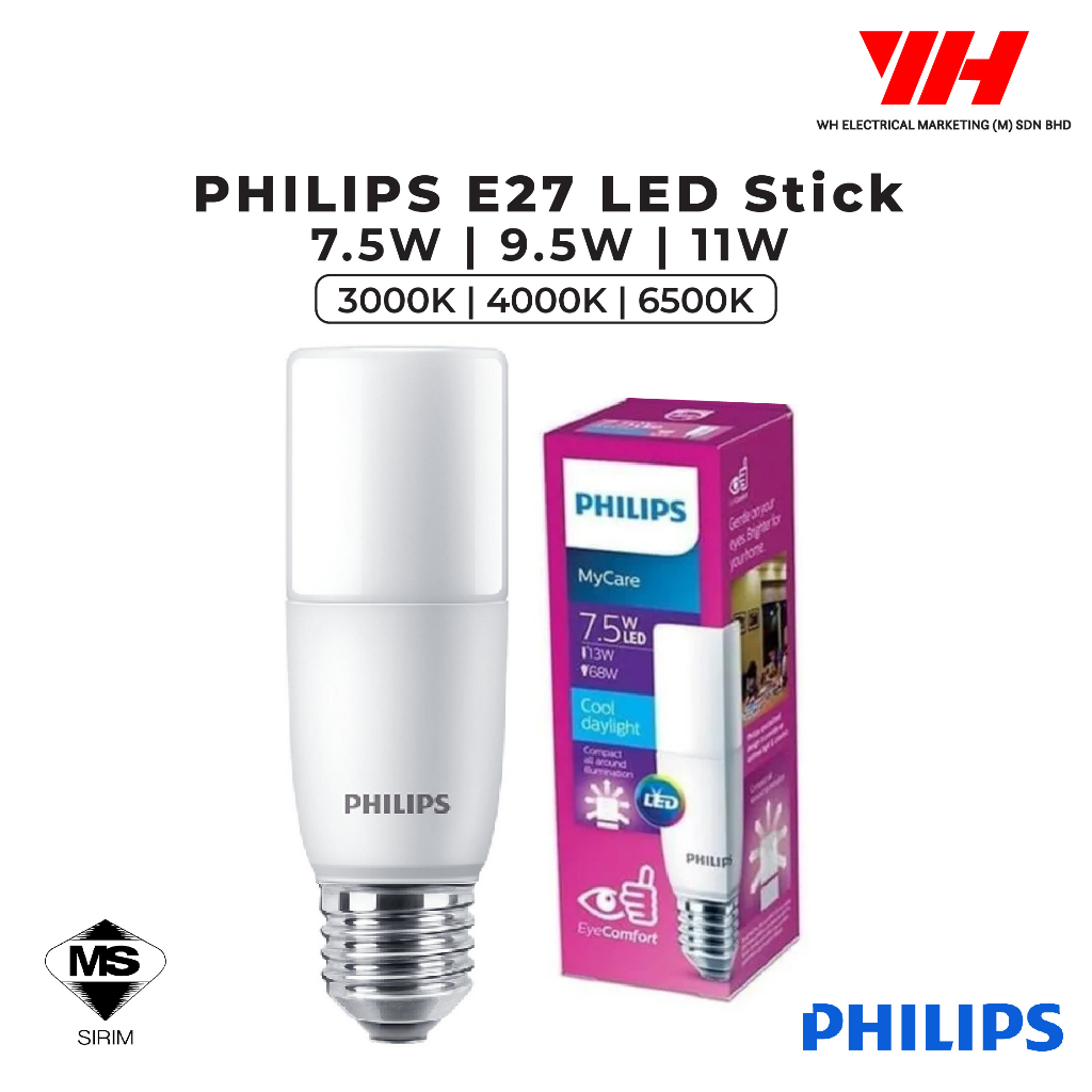 Philips LED Stick E27 (7.5W / 9.5W / 11W ) - 3000K/4000K/6500K || Light Bulb || Mentol Lampu ...