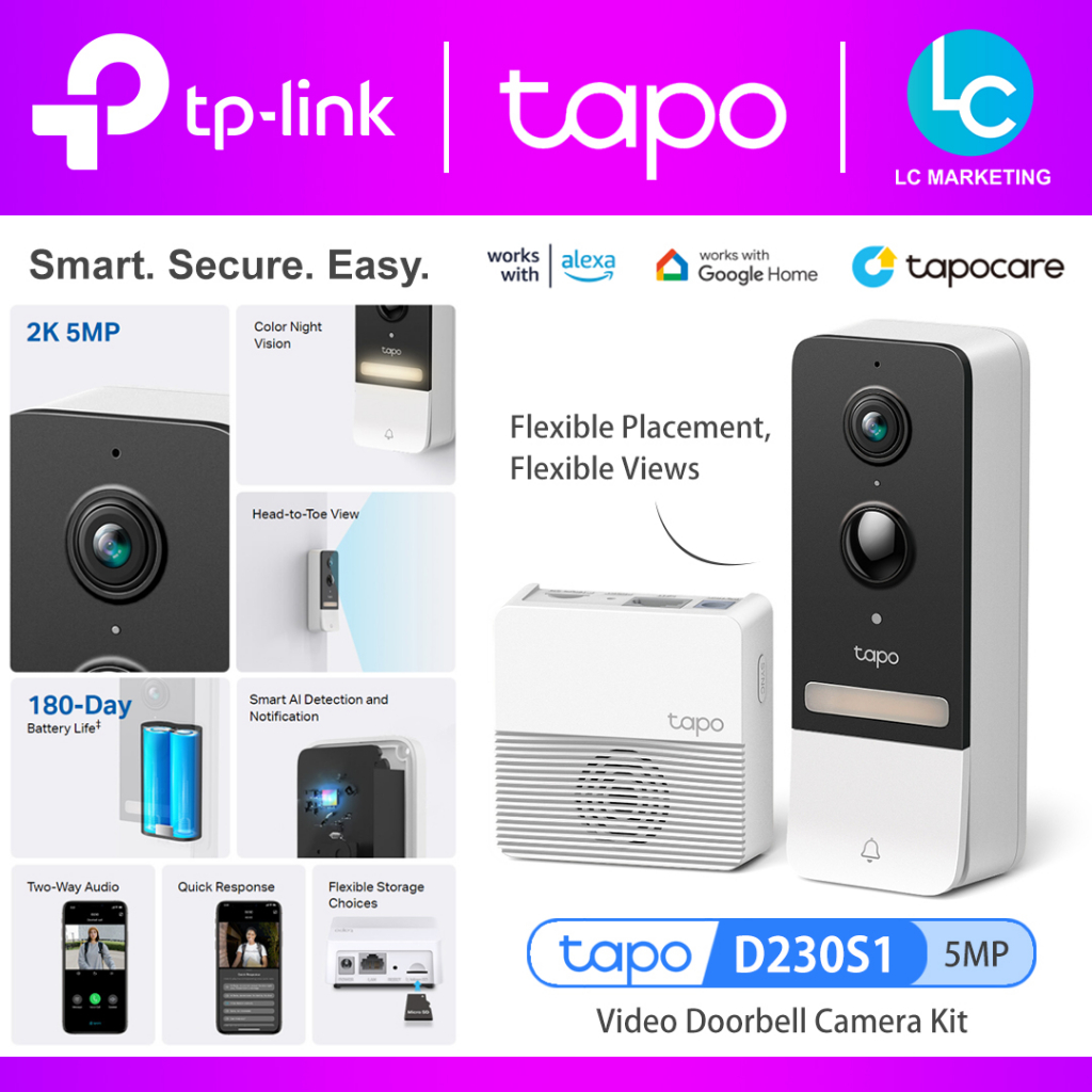 TP-Link Tapo D230S1 / D210 / D235 Smart Battery Video Doorbell Camera 5MP 2K UHD Color Night ...