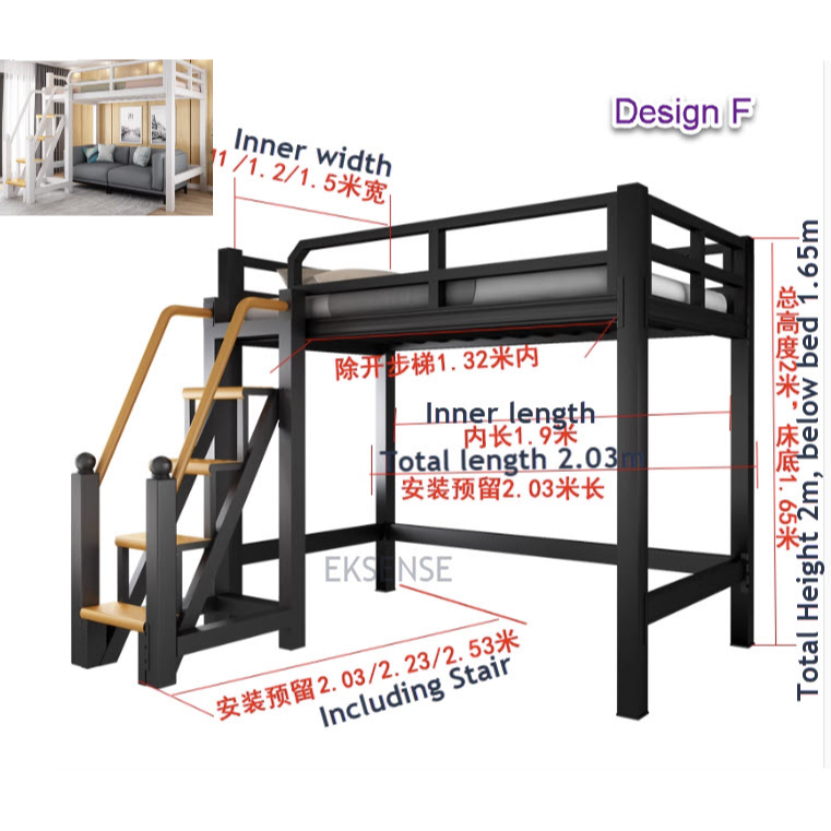 EKSENSE Upgraded Metal Loft Bed Frame Ladder Double Decker Bunk Rangka ...