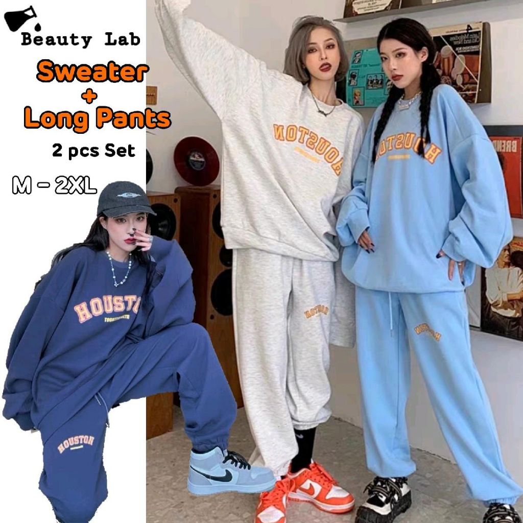 Unisex 2pcs Set Sweater Long Pants Baju Set Perempuan Pakaian Korean ...