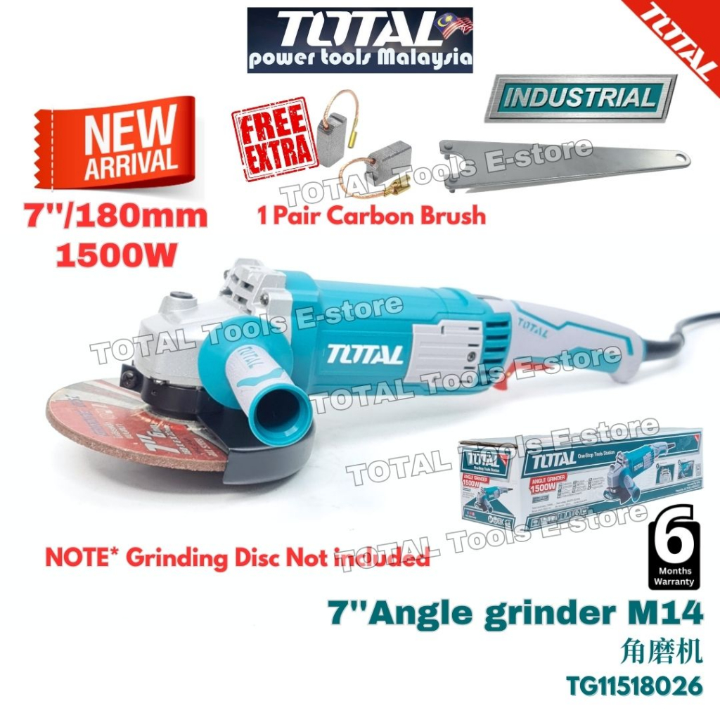 TOTAL Angle Grinder 7'' / 180mm + Extra FREE 1 set Carbon Brushes 1500w ...