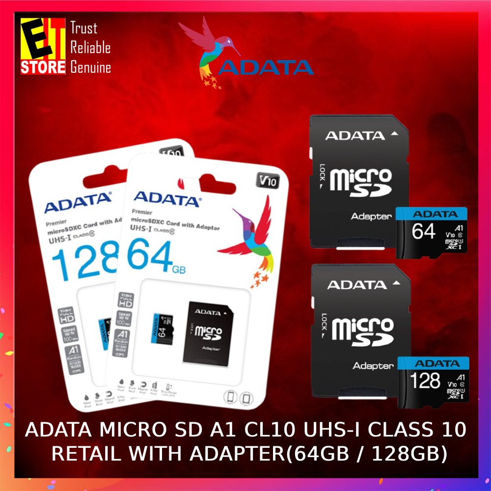 ADATA MICRO SD A1 CL10 64GB / 128GB UHS-I CLASS 10 RETAIL WITH ADAPTER ...