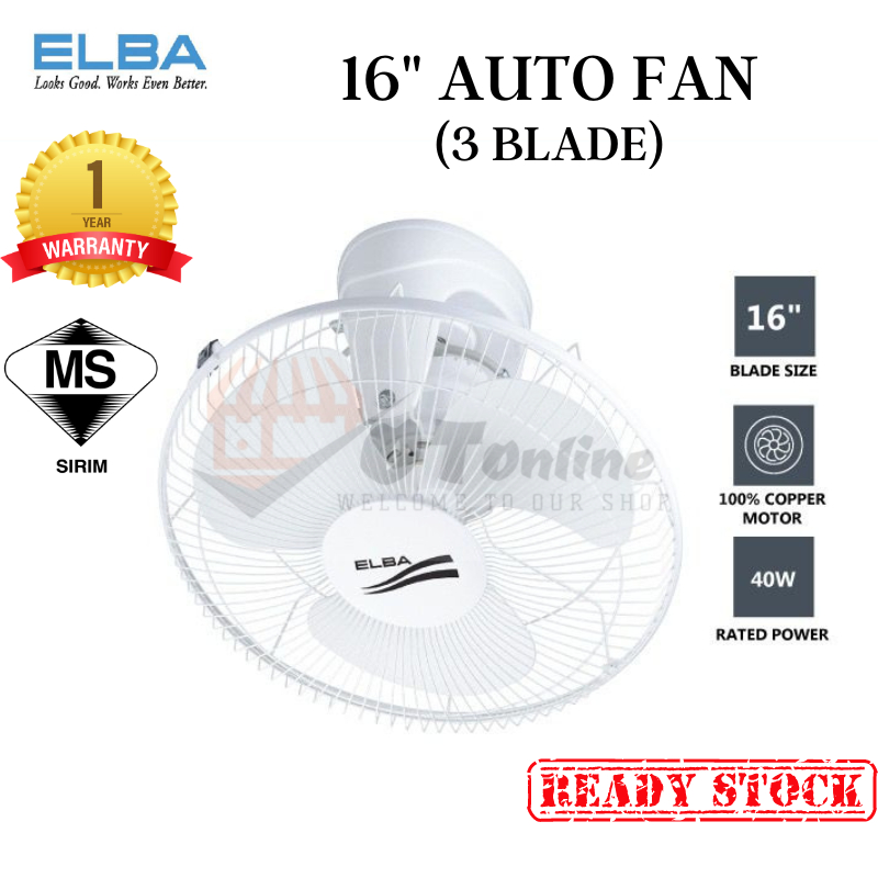 ELBA 16" AUTO FAN G1655 / WARRANTY 1 YEAR Kipas Dinding Elektrik / Kipas Siling 360° Degree ...