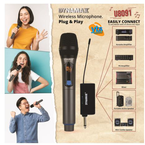 DYNAMAX U8091 UHF Wireless Handheld Microphone Rechargeable Receiver ...