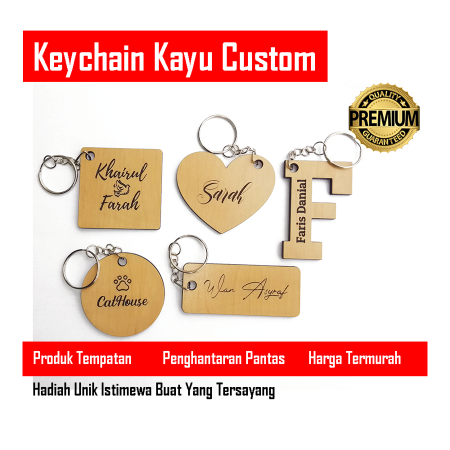 Custom Keychain Kayu PREMIUM / Abjad ABC / Logo / Teks / Ayat / Nama ...
