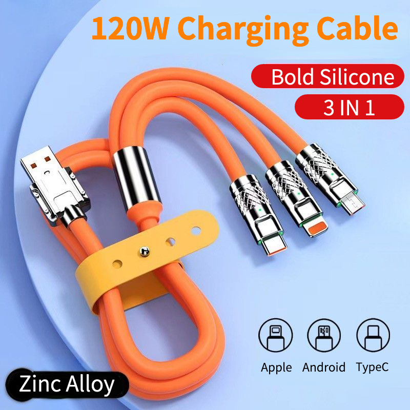 3 in 1 120W Super Fast Charge Cable Type-C 6A Liquid Silicone Fast ...