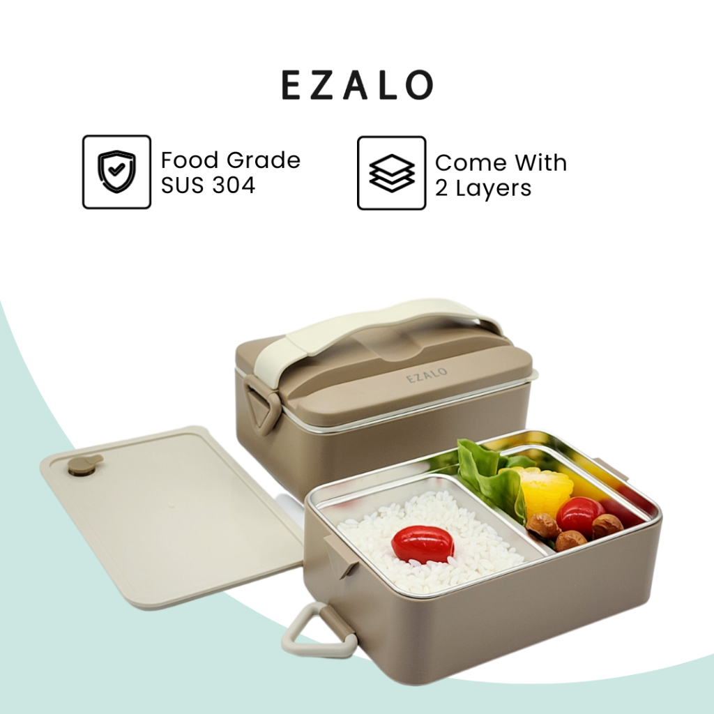 EZALO Sandwich 304 Stainless Steel Two Layers Compartment Bento Lunch ...