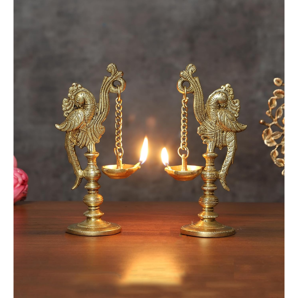 7 Inches Peacock on Pillar Design Brass Diya Pair, Brass Diyas for ...