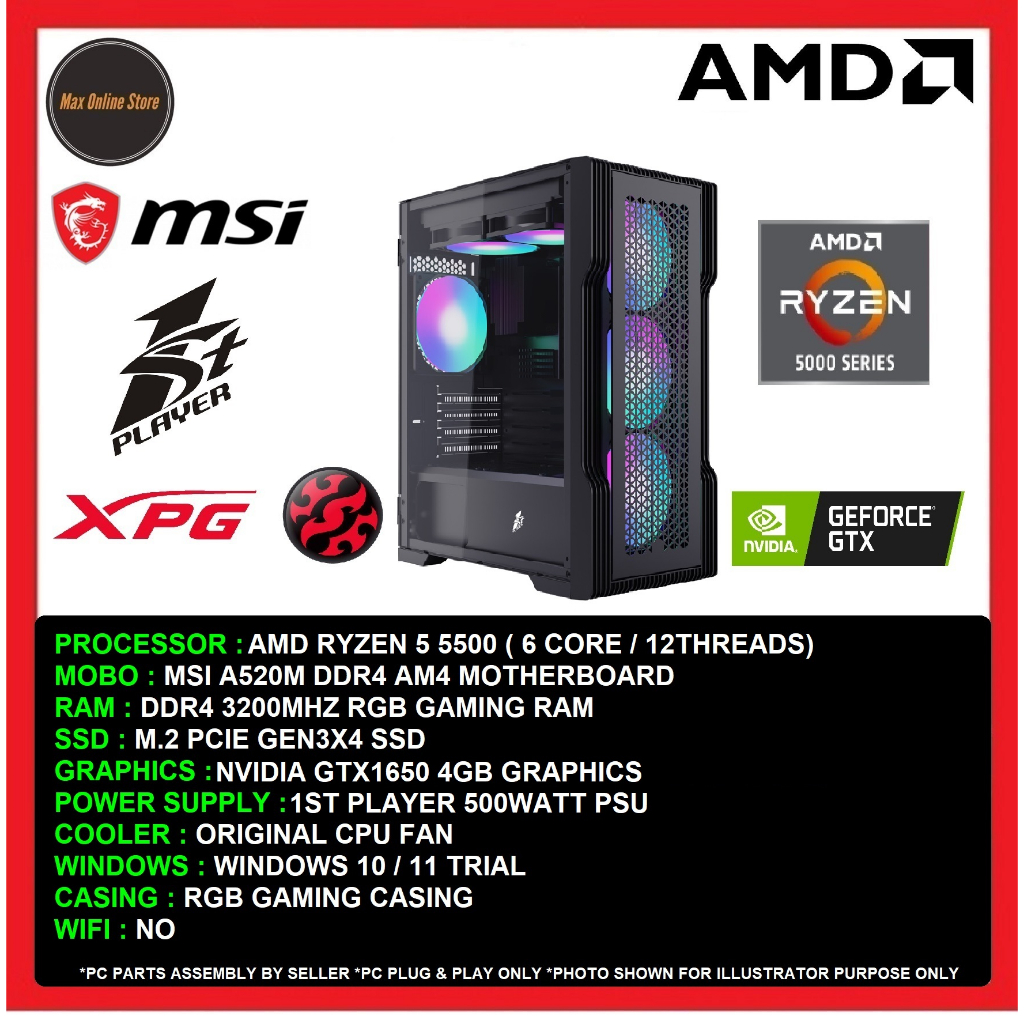 Gaming PC Desktop AMD Ryzen 5 5500/8GB/16GB/256GB SSD/512GB SSD/GTX1650 ...