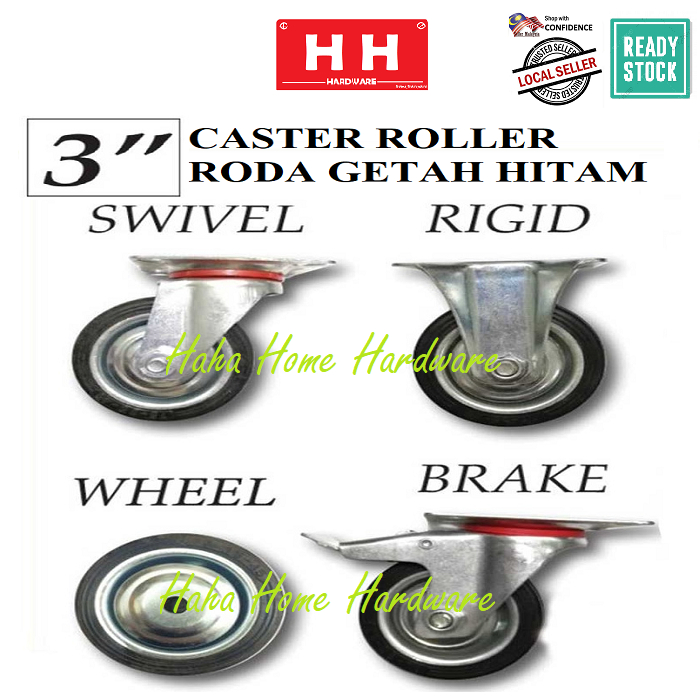 Roda Getah Hitam Troli Trolley 3" (75MM) Heavy Duty Black Rubber Swivel ...