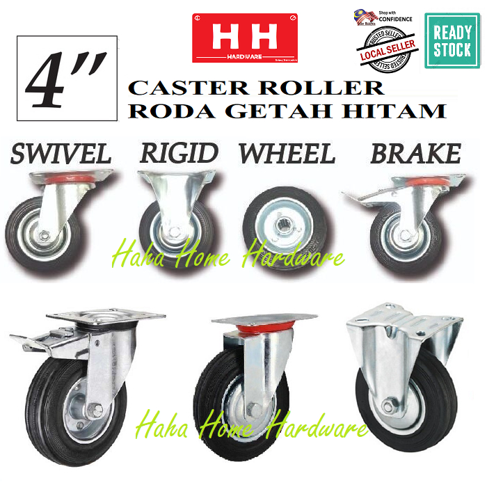 Roda Trolley Getah Hitam 4" (100MM) Heavy Duty Black Rubber Wheel ...