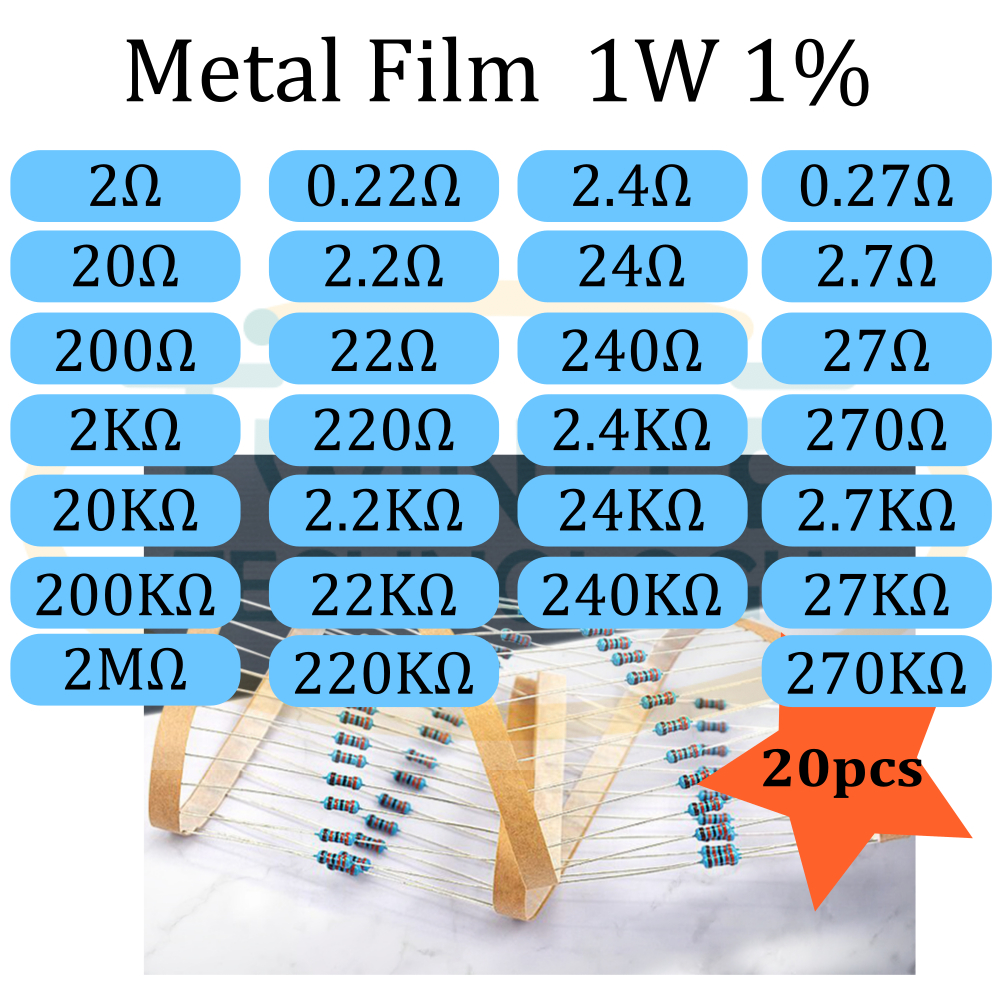 Resistor 1W Metal Film 2, 2.2,2.4,2.7,2K,2K,2.2K,24K, 20K, 200K, 220K, 240K, 270K, 2M ohm, 20M ...