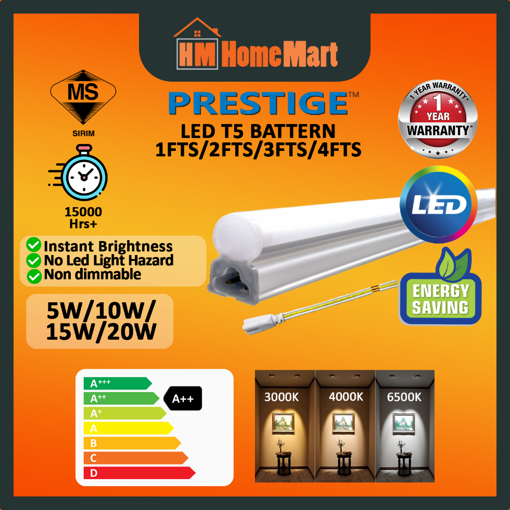 PRESTIGE T5 LED Batten 1FT/2FT/3FT/4FT (3000K/4000K/6500K) (1 Year Warranty) | Shopee Malaysia