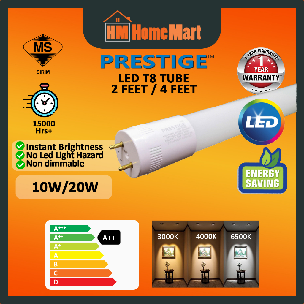 PRESTIGE T8 LED Tube 10W 2FT/ 20W 4FT (3000K/4000K/6500K) (SIRIM)(1 Year Warranty) | Shopee Malaysia
