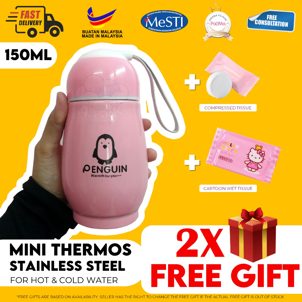 [2 FREEGIFT] CUTE BABY THERMOS 150ml Strong Mini Hot & Cold Stainless ...