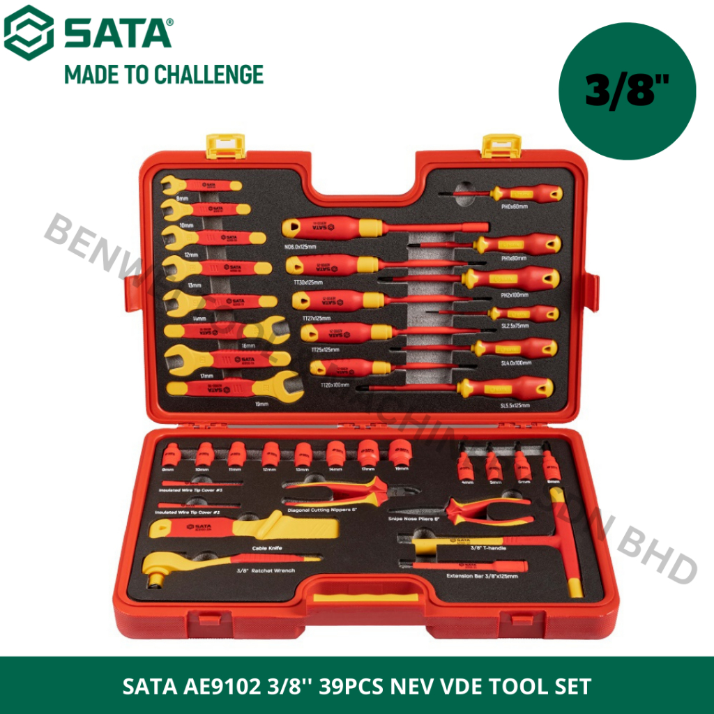 (D5) SATA AE9102 3/8'' 39PCS NEV VDE TOOL SET / INSULATED HAND TOOLS ...