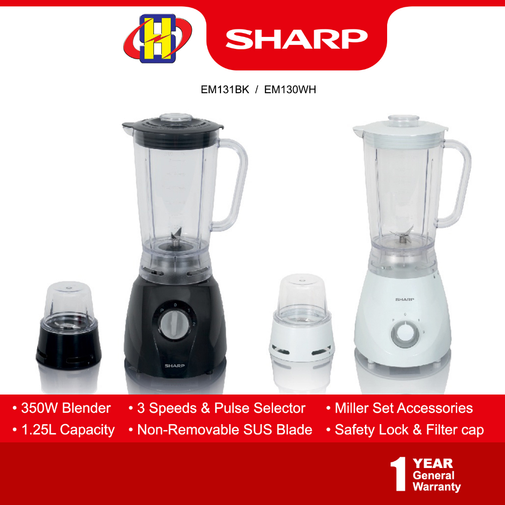 Sharp Blender (350W/1.25L) 3-Speeds & Pulse Mill Set Safety Lock SUS ...