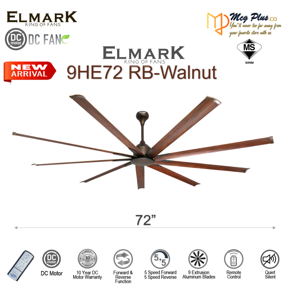 ELMARK 9HE72 RB-Walnut 72" inches 6 Speed Reversible Remote Control DC ...