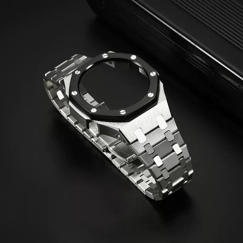 CasiOak GA2100 modified for G Shock band Black Silver strap stainless ...