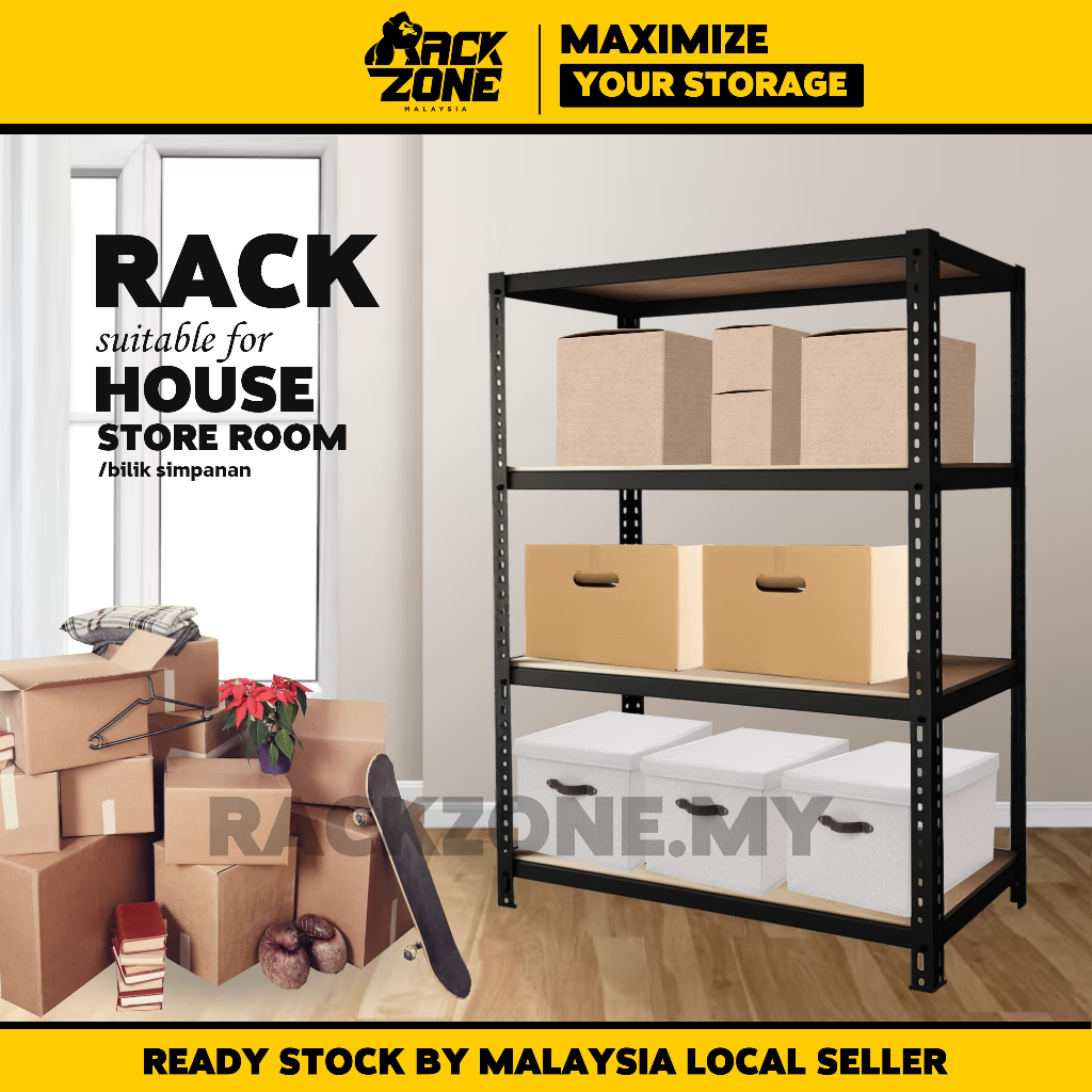 RACKZONE Black 4 Level Boltless Rack Heavy Duty Rak Rumah Bilik Stor ...