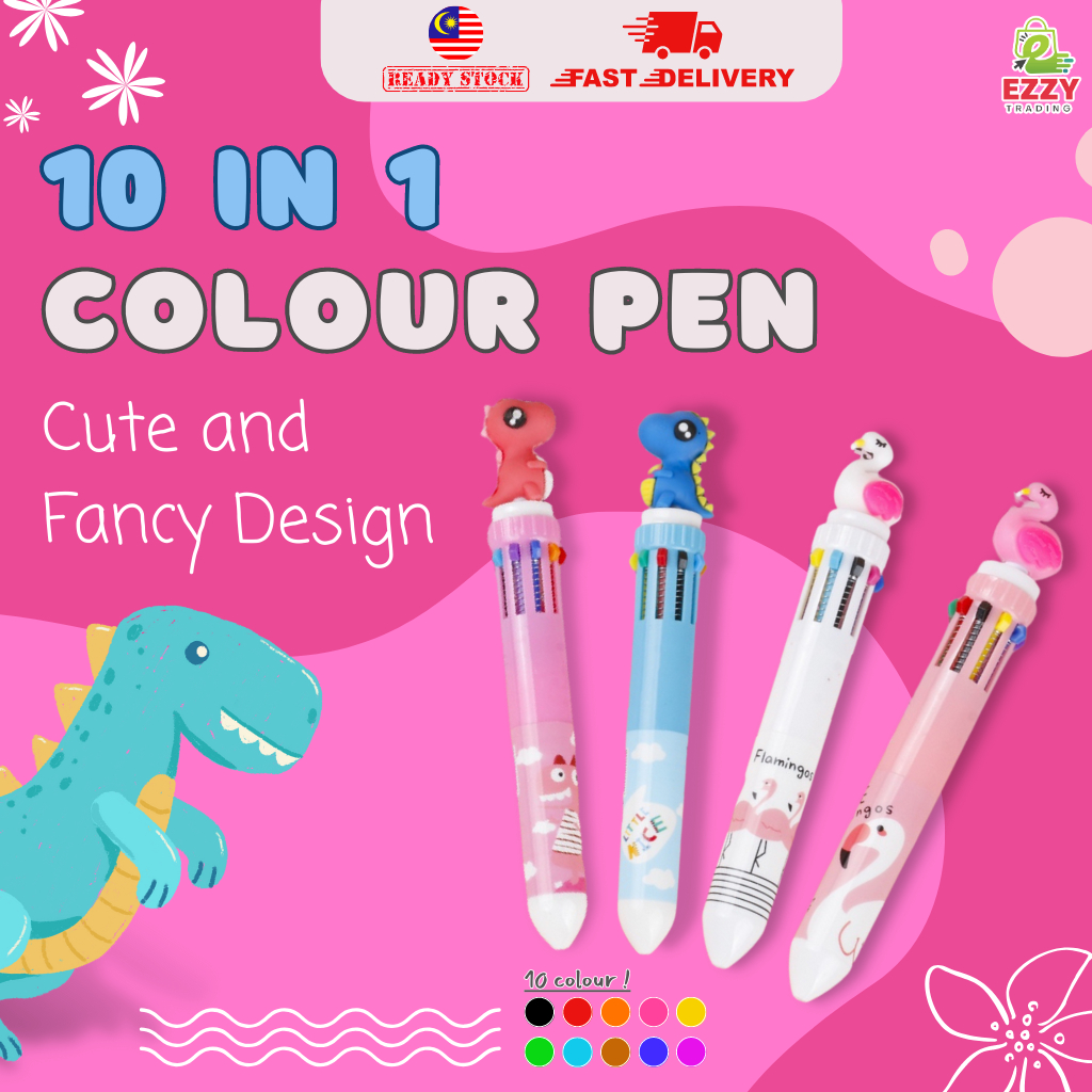 10 in 1 Cartoon Pen 10 color Retractable Swan Dinosaur ten colors kids ...