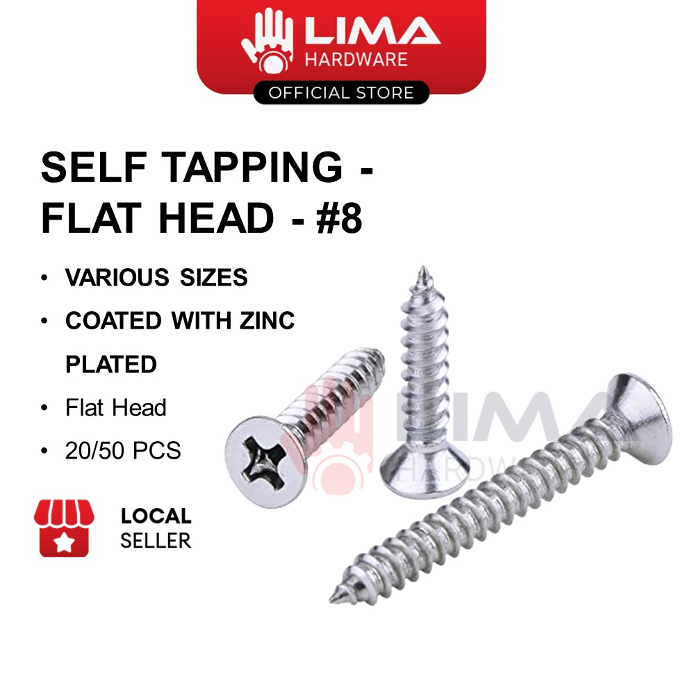 Self Tapping Flat Head Screws, Skru Rata, Skru Kepala Rata - #8 ...