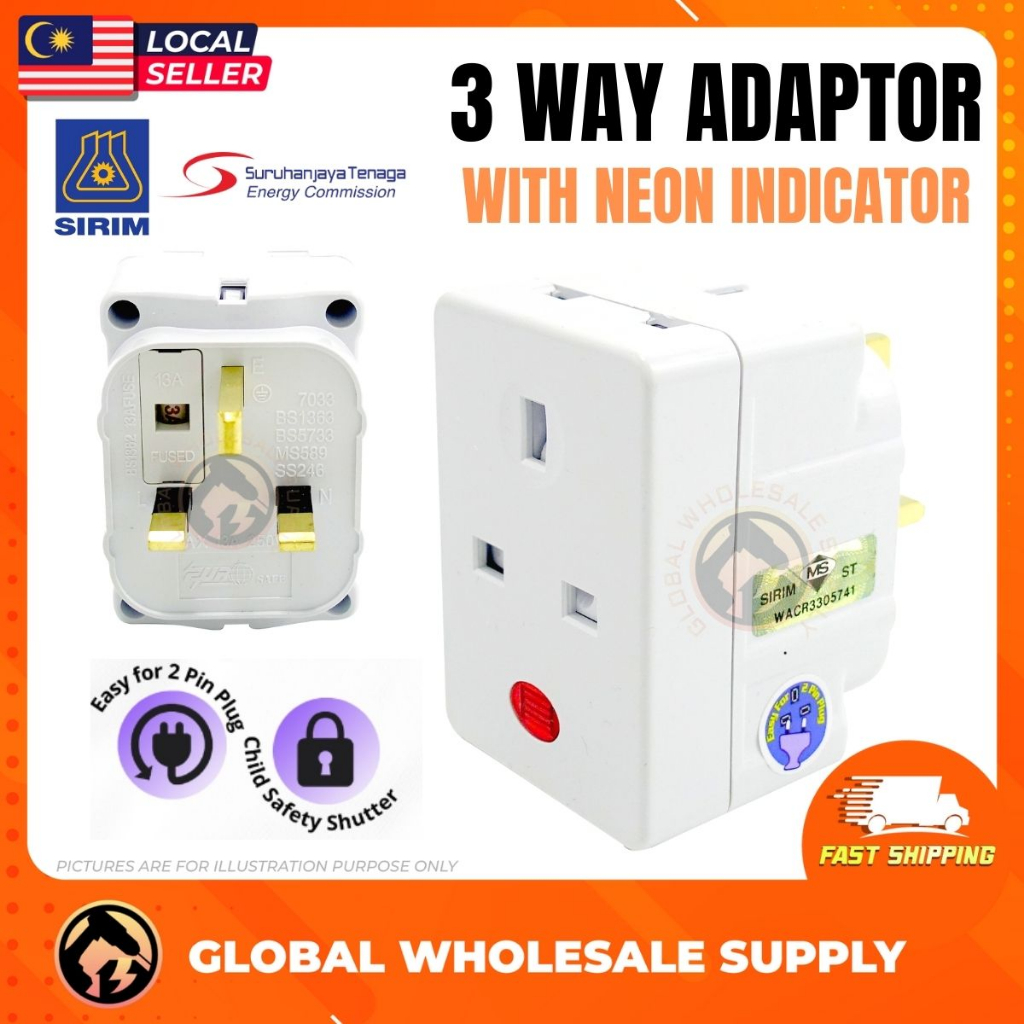 [SIRIM] PREMIUM 13A 3 Way Adapter NEON Light Indicator With Safety ...