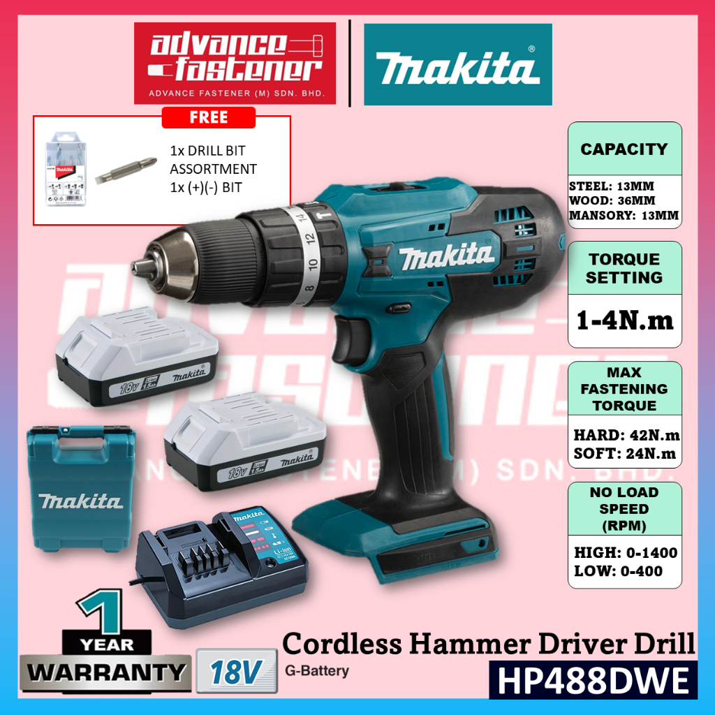 MAKITA HP488DWE / HP488DZ 18V (G-Battery) Cordless Hammer Driver Drill 13MM (1/2") | Shopee Malaysia