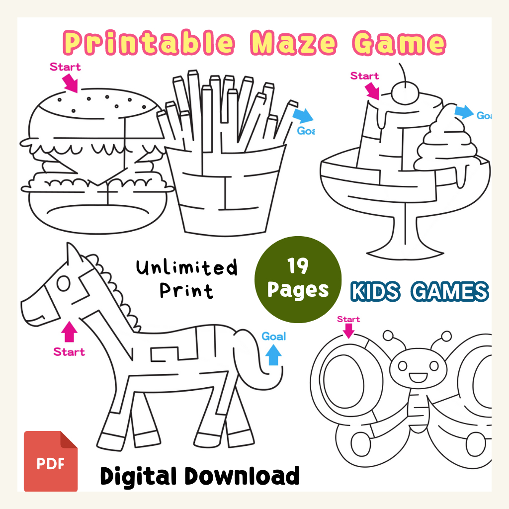 【PDF】Printable Maze games for kids 19 pages cute animals and foods maze ...