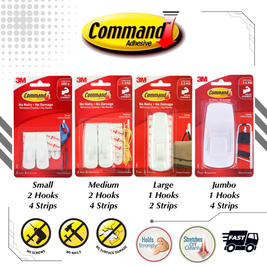 3m Command Utility Hooks Wall Adhesive Small Medium Large Jumbo