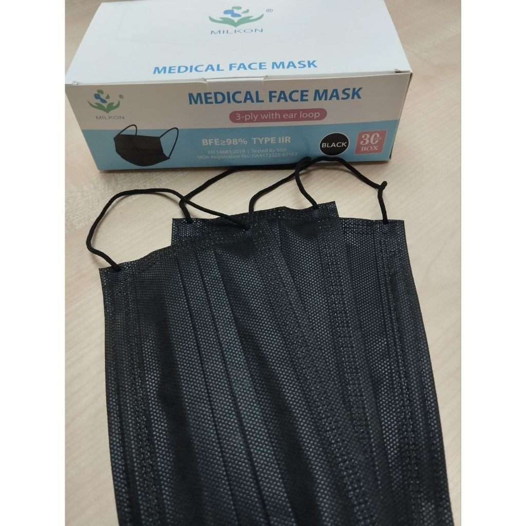 MILKON 3-ply ear loop Medical Face Mask Black (1Pack 5Pcs) | Shopee ...