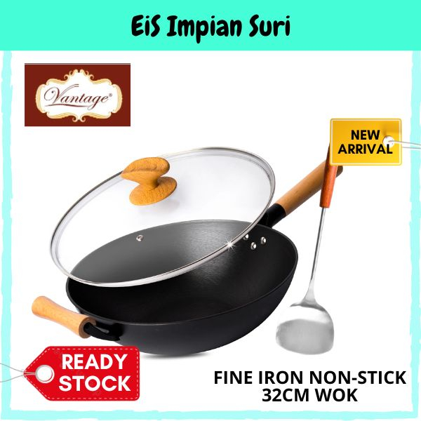 (Ready Stock!!) Vantage Fine Iron 32cm Wok Pan Non-Stick Wok Pan with ...
