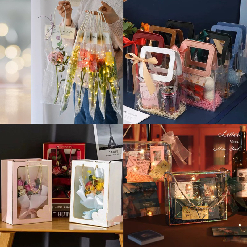 TRANSPARENT PAPER BAG BEG Tote Paper Plastic PVC Flower Bouquet Bunga ...