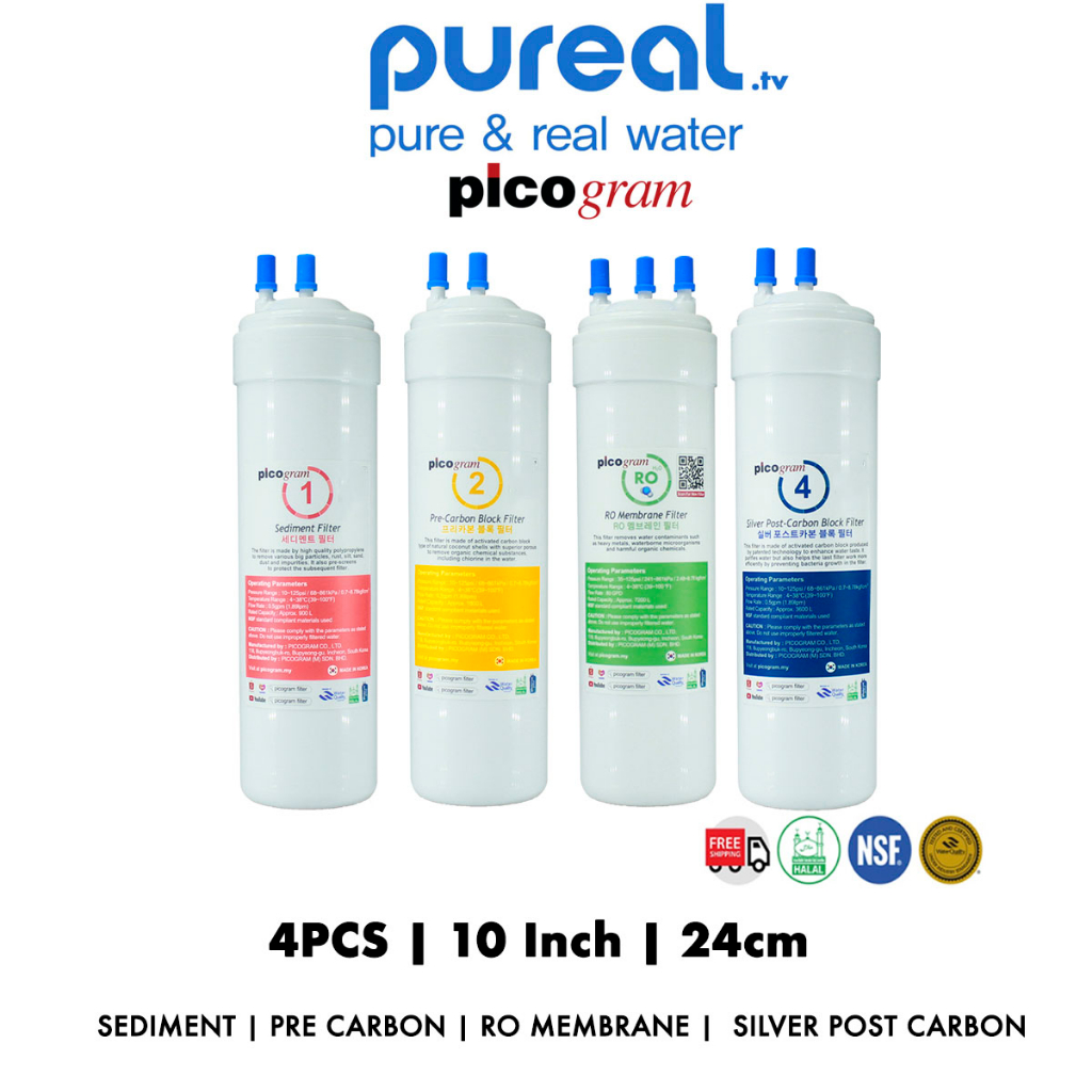 (Jakim HALAL) Picogram RO Replacement Filter (24cm 10" 80GPD) (4 Pieces ...