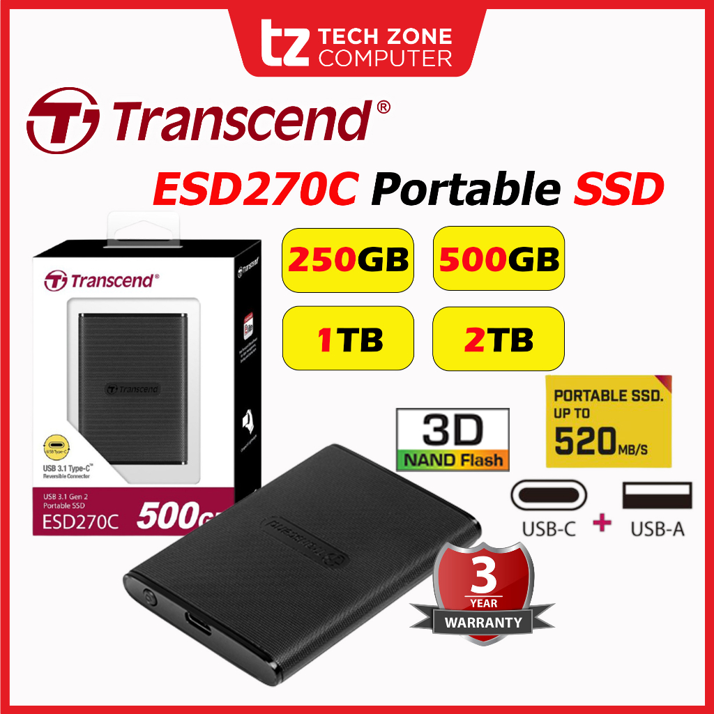 Transcend ESD270C USB 3.1 Type-C Portable SSD (250GB/500GB/1TB/2TB ...