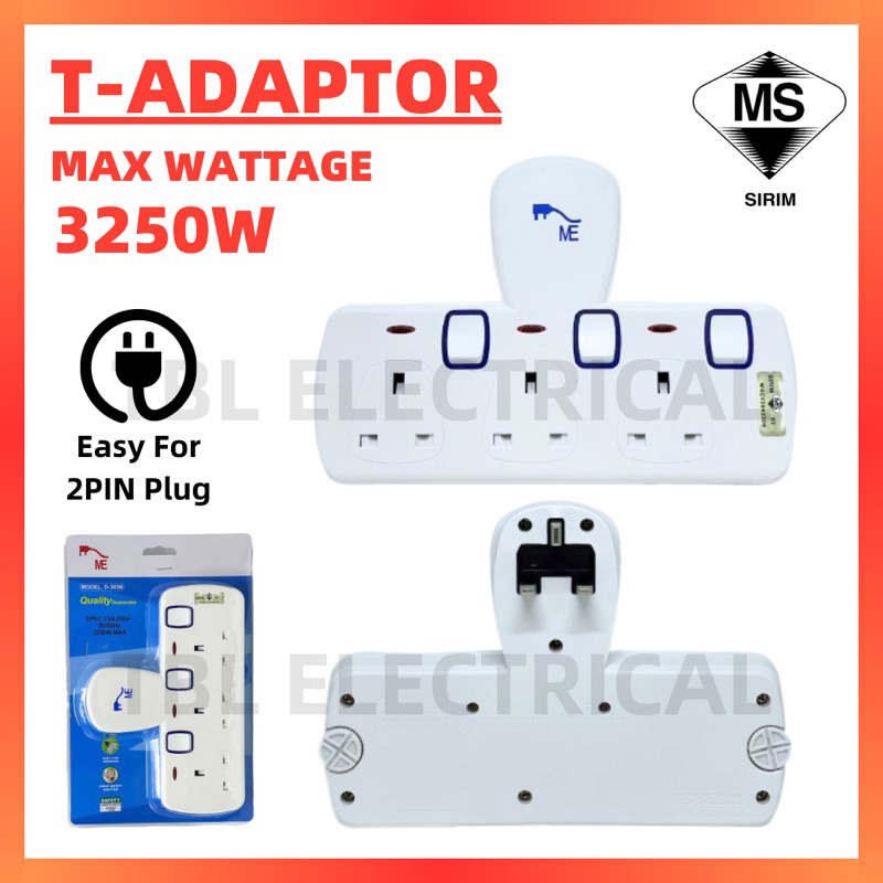 🔥SIRIM🔥ME 3Way / 4way T-Adaport 3pin Socket Extension Plug Neon Indicator Sirim approved, Wall ...