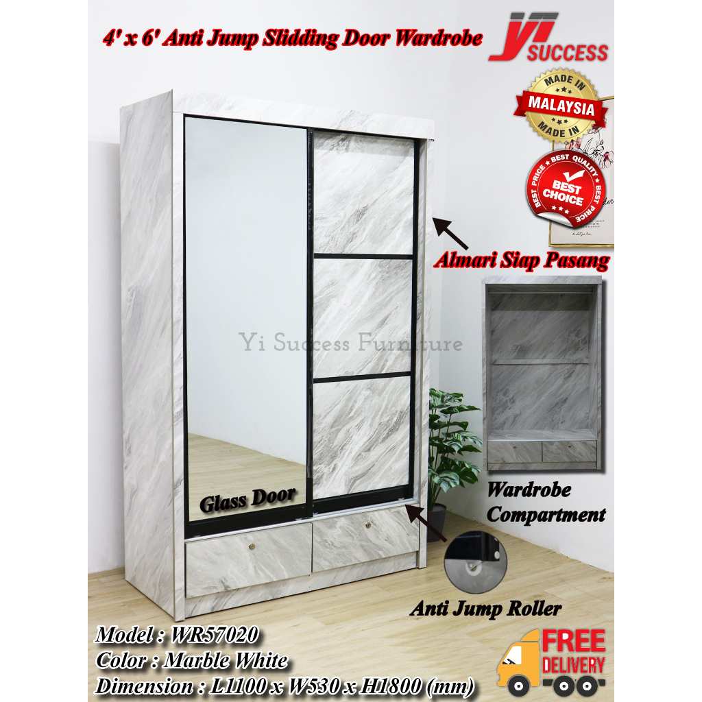 Yi Success 4ft x 6ft Anti Jump Sliding Door Wardrobe (Siap Pasang) / 4 ...